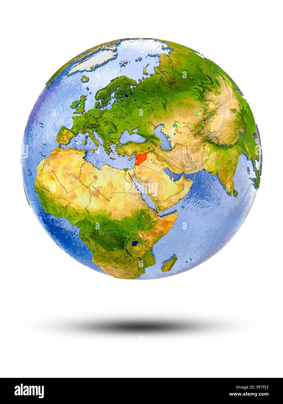 Syria on globe with shadow isolated on white background. 3D ...