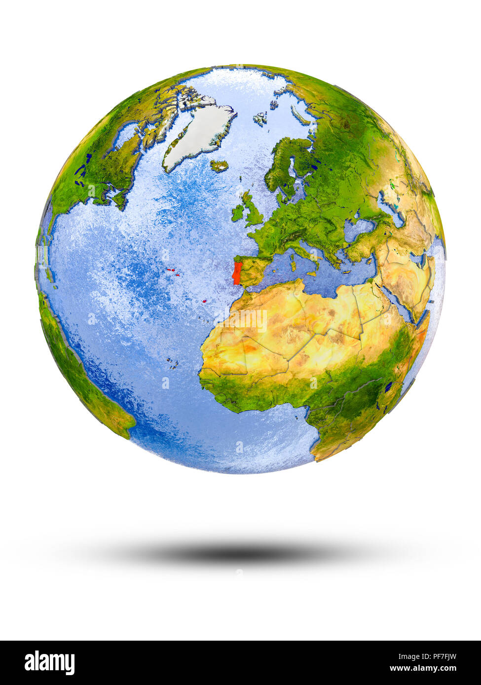 Portugal on globe with shadow isolated on white background. 3D ...