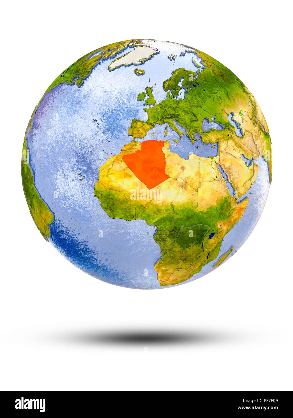Algeria on globe with shadow isolated on white background. 3D ...