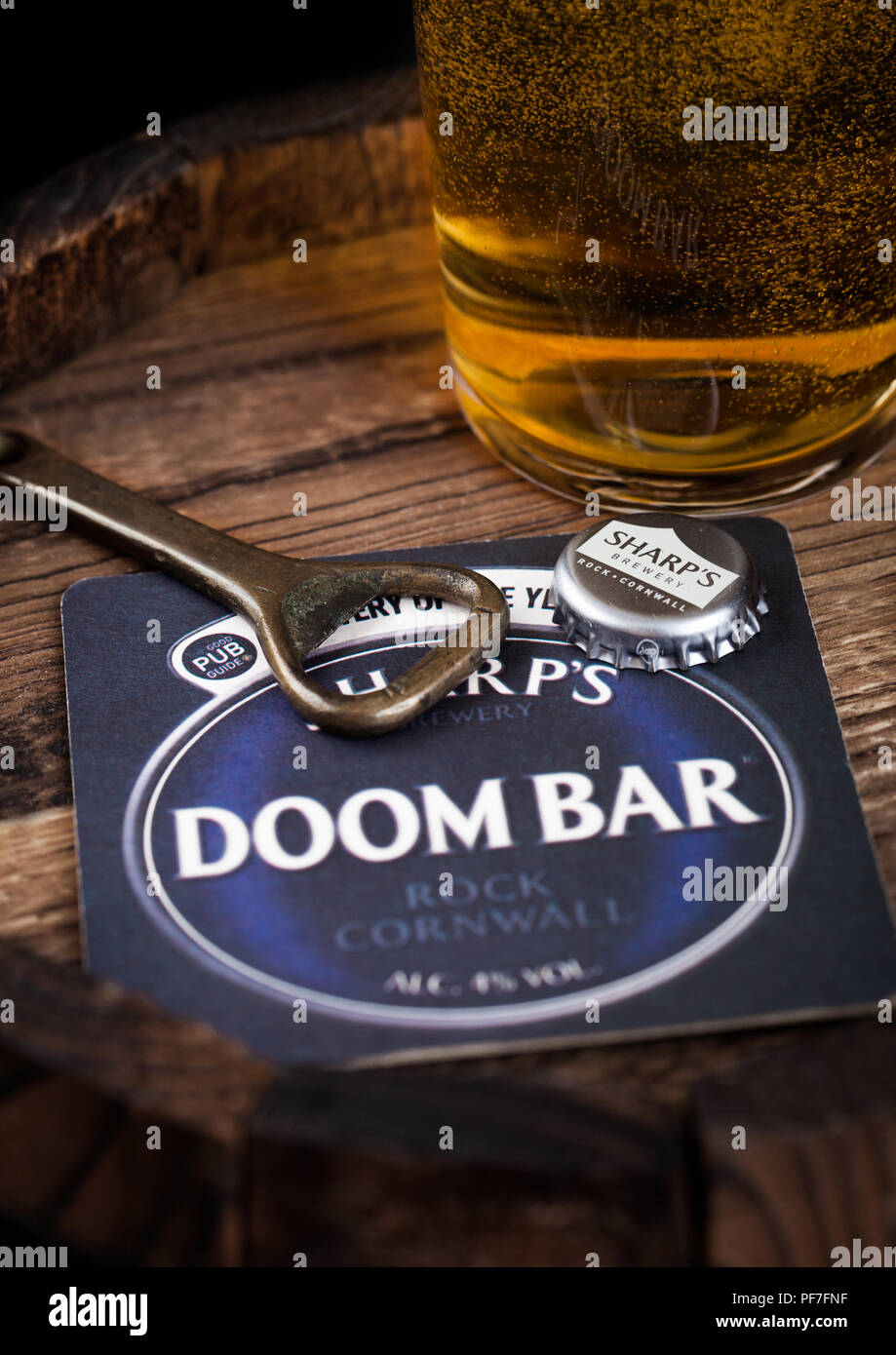 LONDON, UK - AUGUST 10, 2018: Doom bar beer coaster with bottle top and ...