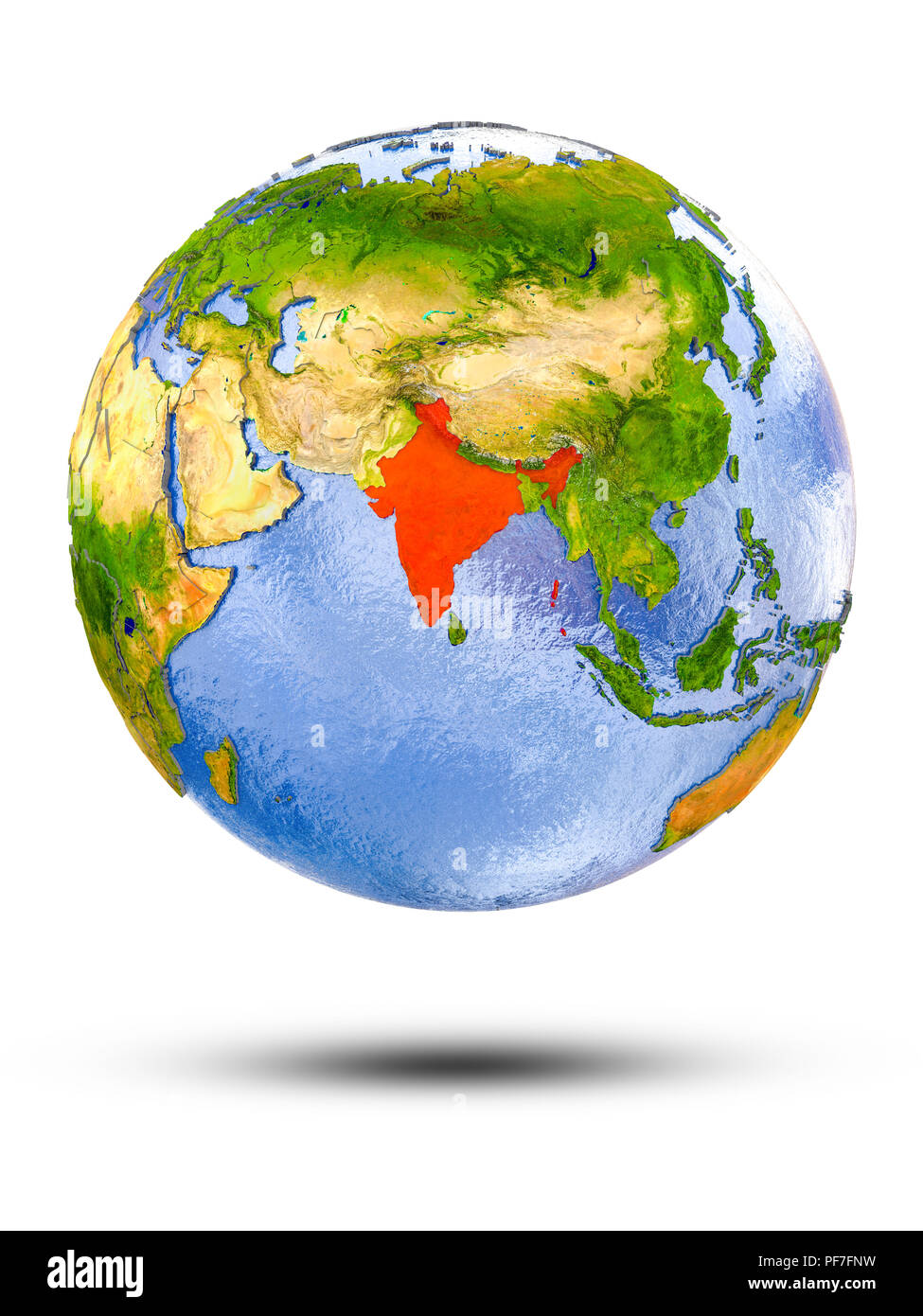 India on globe with shadow isolated on white background. 3D ...