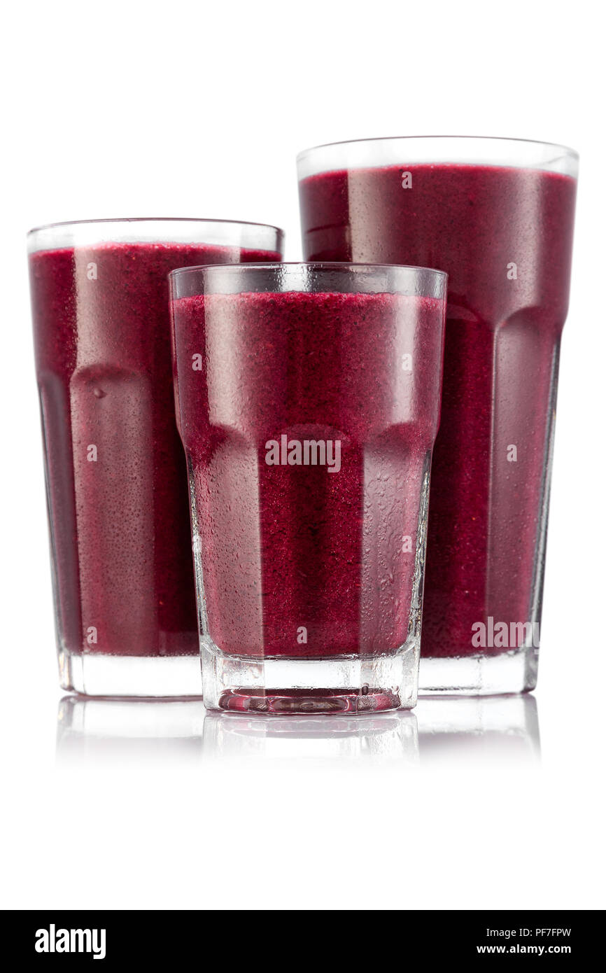 Red forest fruit smoothie in three size of glass isolated on white ...