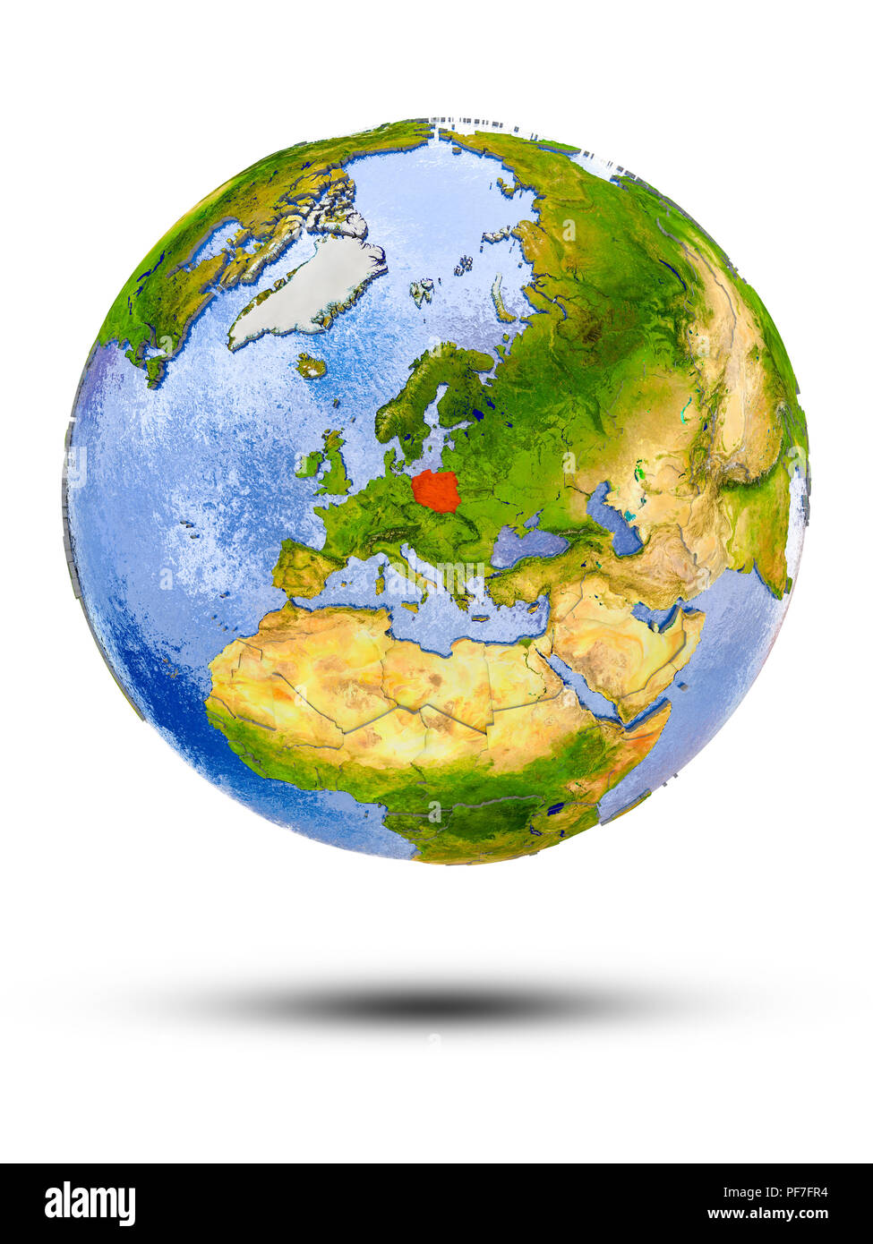 Poland on globe with shadow isolated on white background. 3D ...
