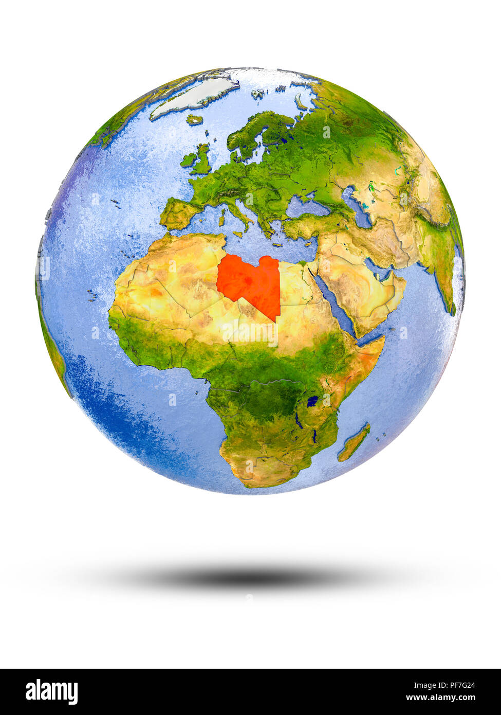 Libya on globe with shadow isolated on white background. 3D ...