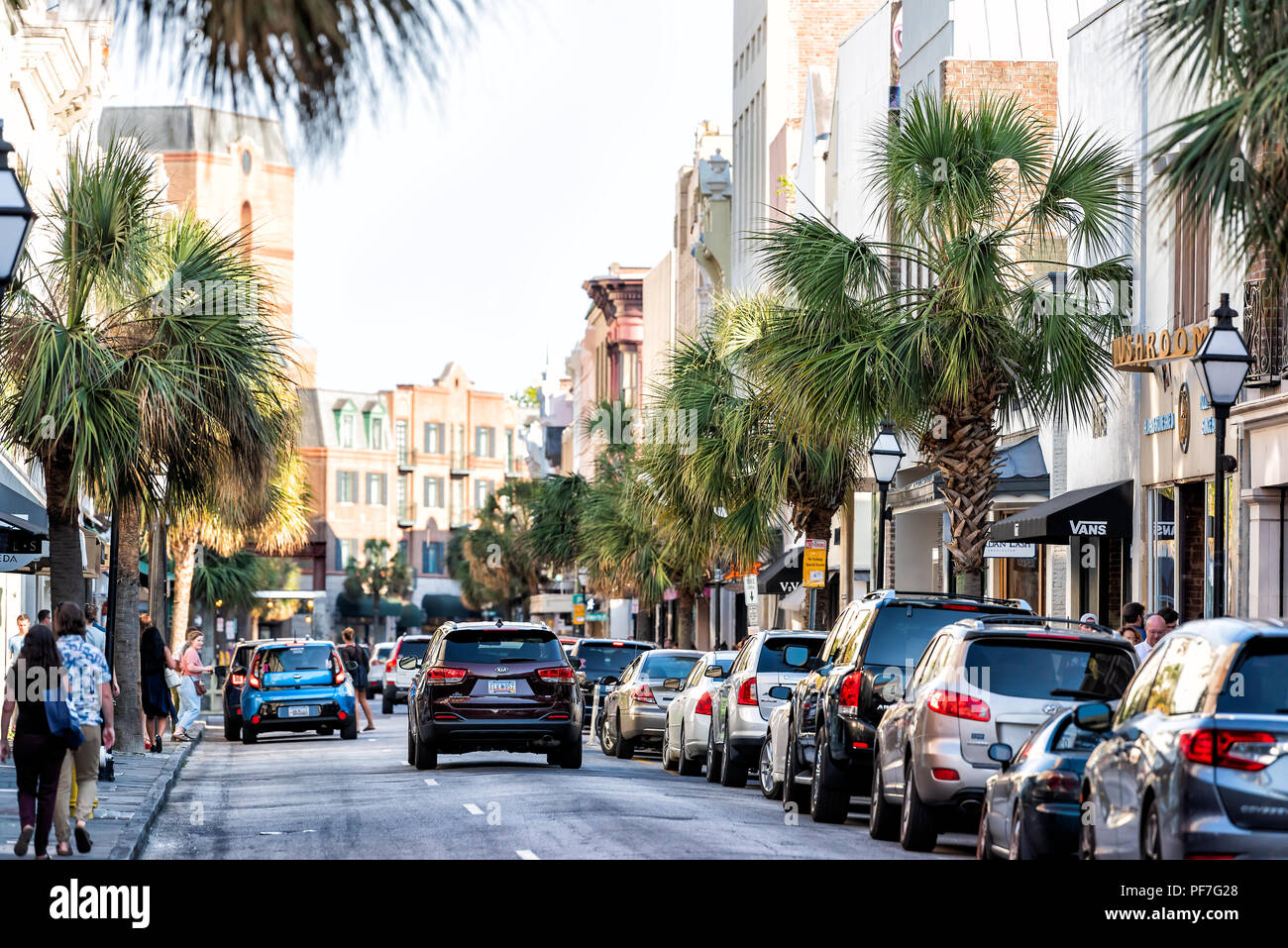 Charleston, USA - May 12, 2018: Downtown city King street in South ...