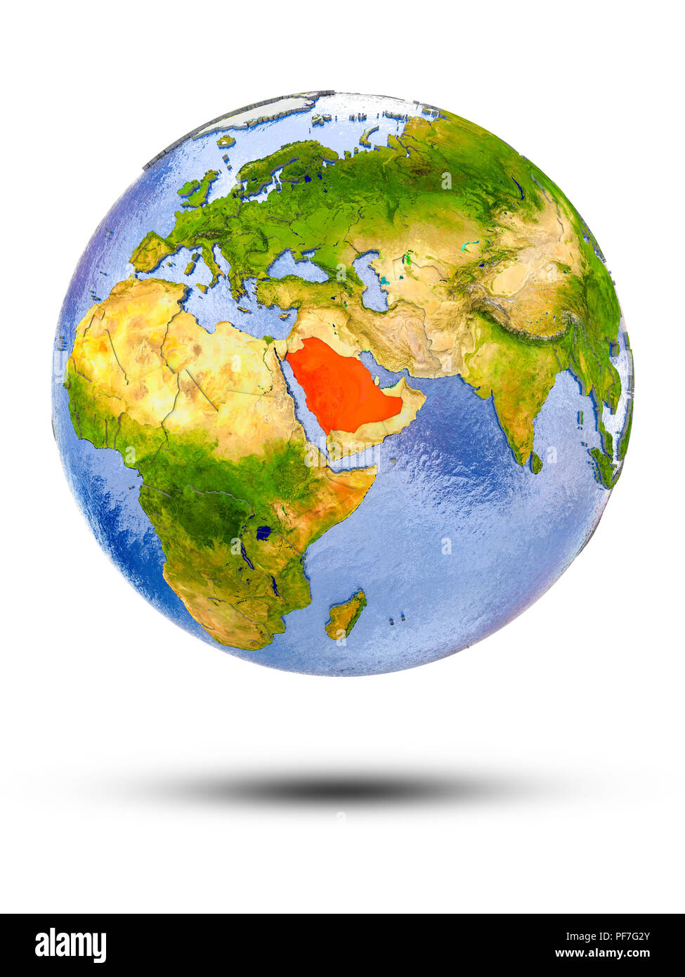 Saudi Arabia on globe with shadow isolated on white background. 3D ...