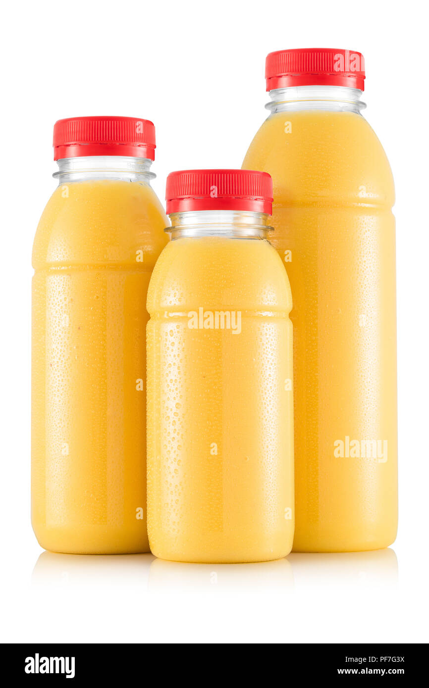 Many yellow fruit smoothie in three size of bottle isolated on white ...