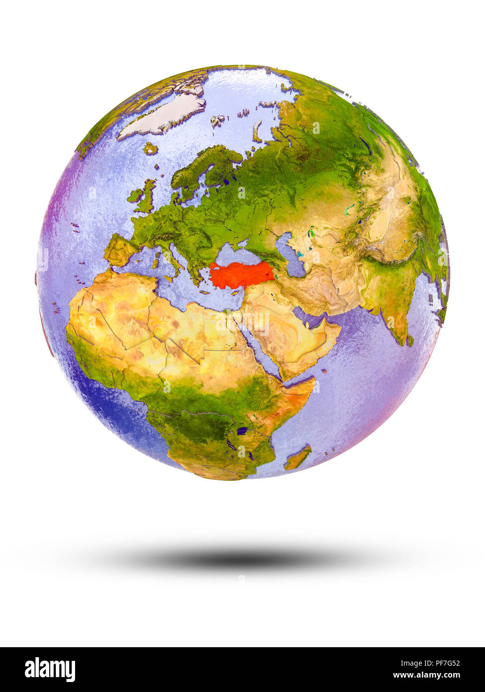 Turkey on globe with shadow isolated on white background. 3D ...