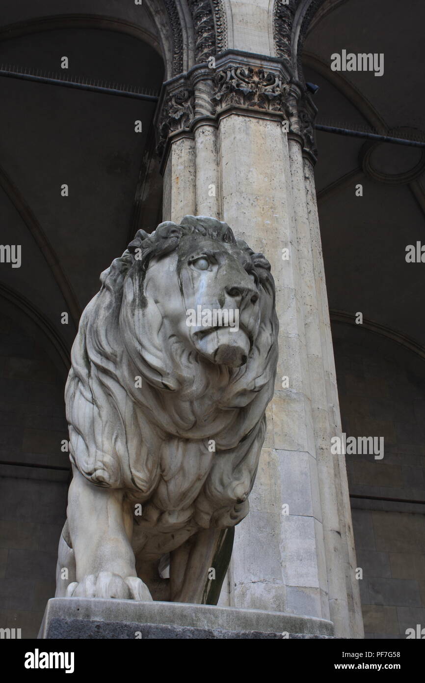 Germany. Bayern. Munich. Statue of a warrior and the lions in ...