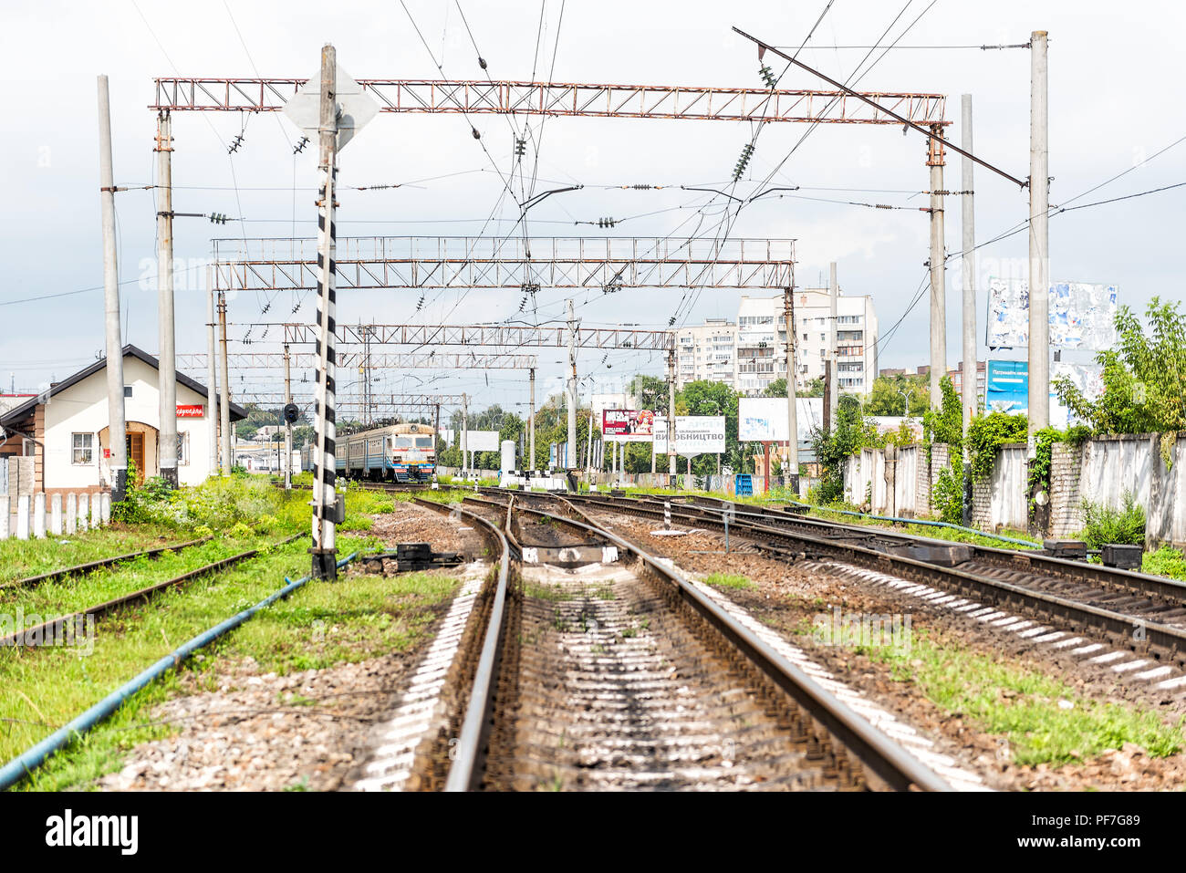 Rivne, Ukraine - July 28, 2018: Railway railroad rail tracks with train ...