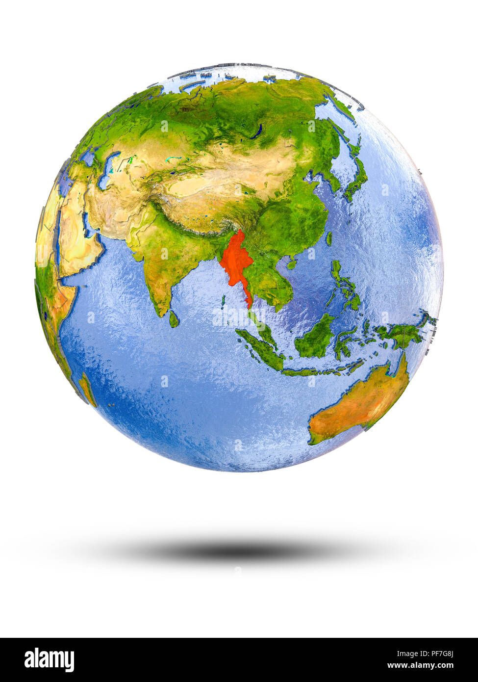 Myanmar on globe with shadow isolated on white background. 3D ...