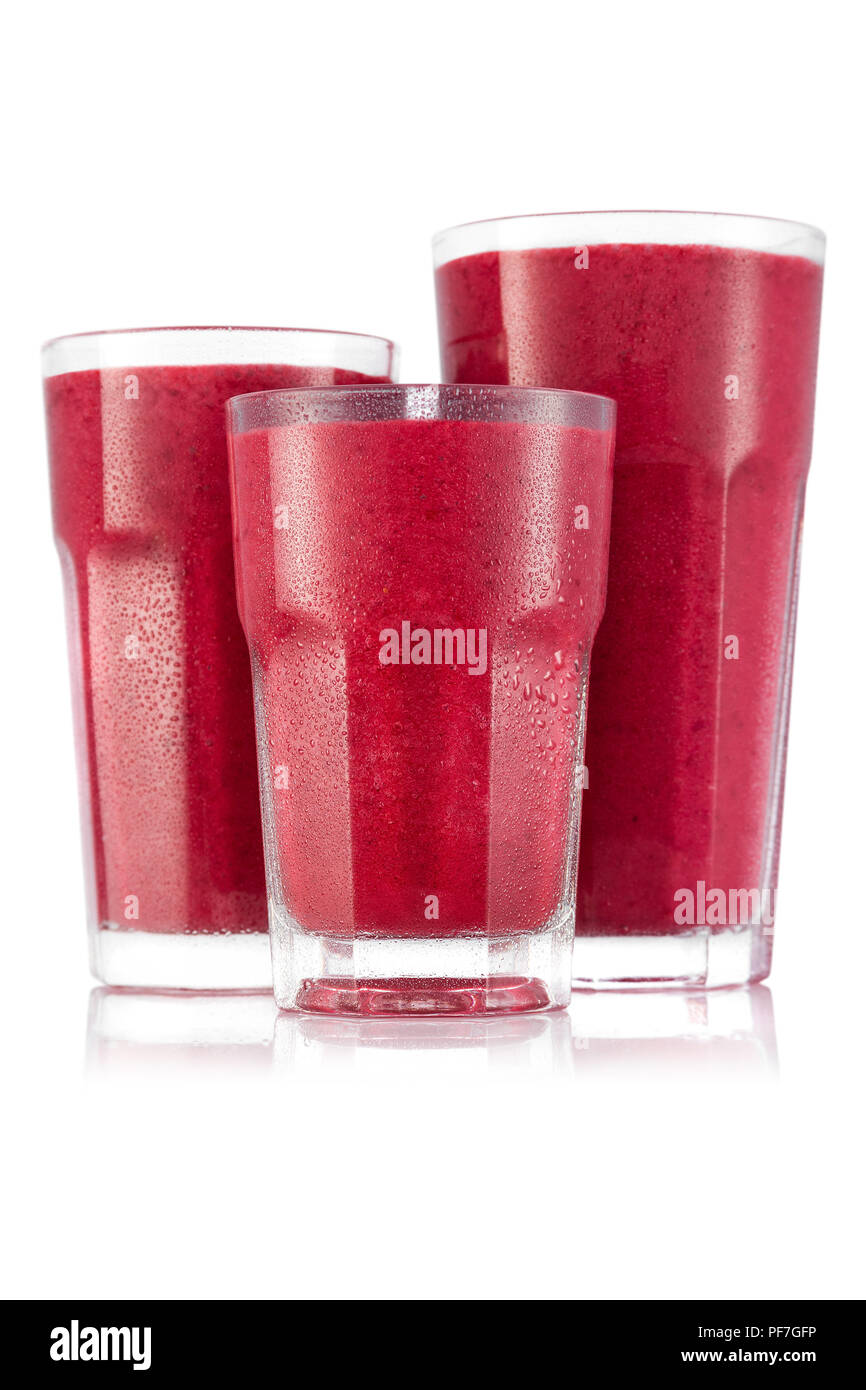 Red forest fruit smoothie in three size of glass isolated on white ...