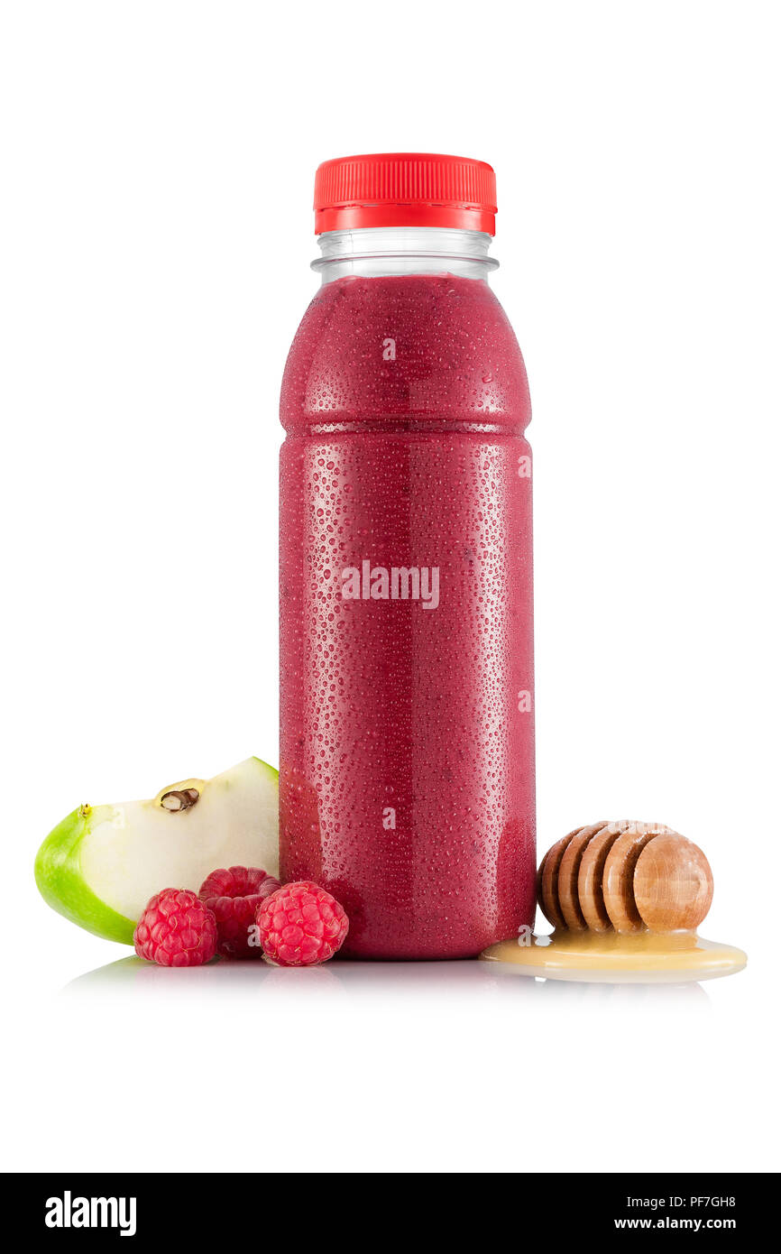 Raspberry and apple smoothie in plastic bottle with fruit isolated on ...