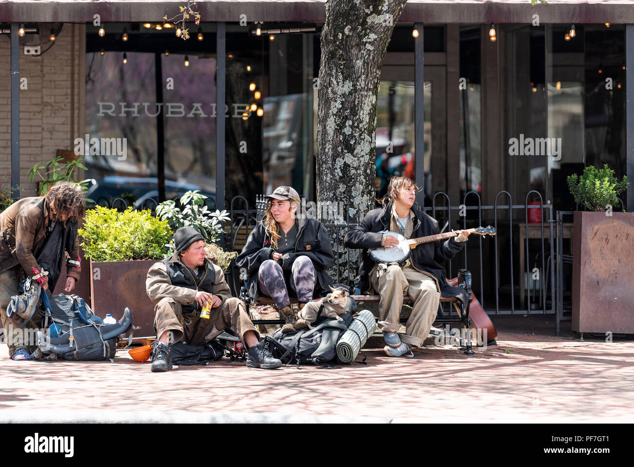 Asheville, USA - April 19, 2018: Downtown old town street in hipster ...