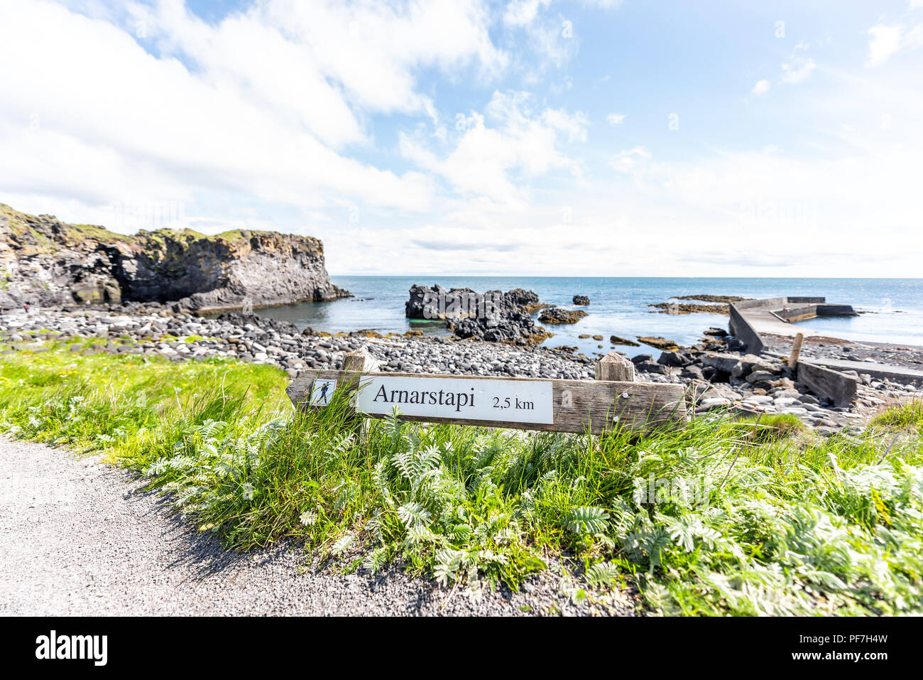Landscape trail hiking view of rocky beach in Hellnar, National park ...