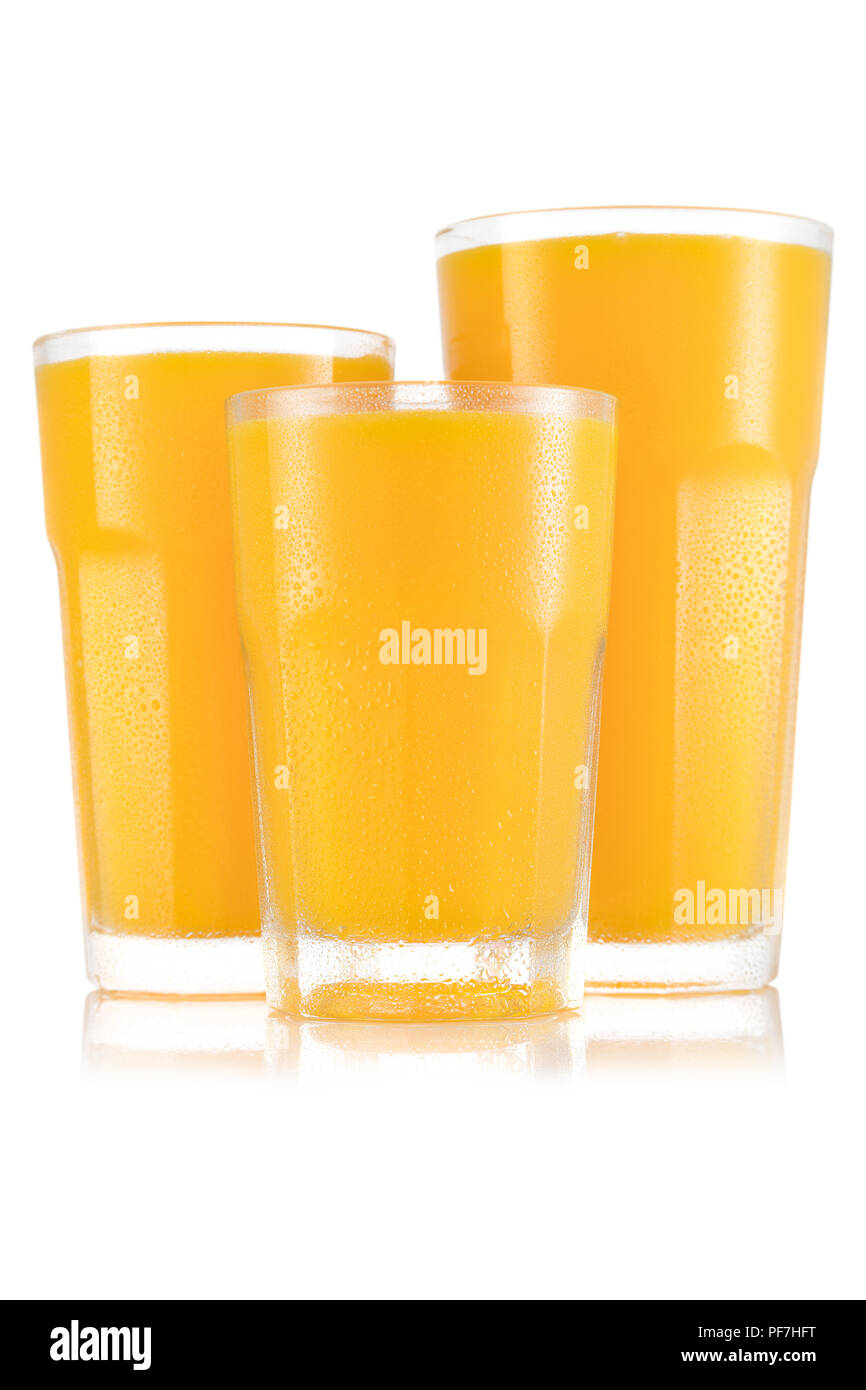 Orange juice in three size of glass isolated on white background Stock ...
