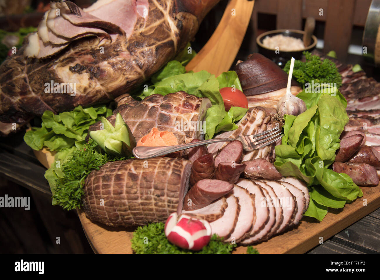full table of traditional homemade sausage Stock Photo - Alamy