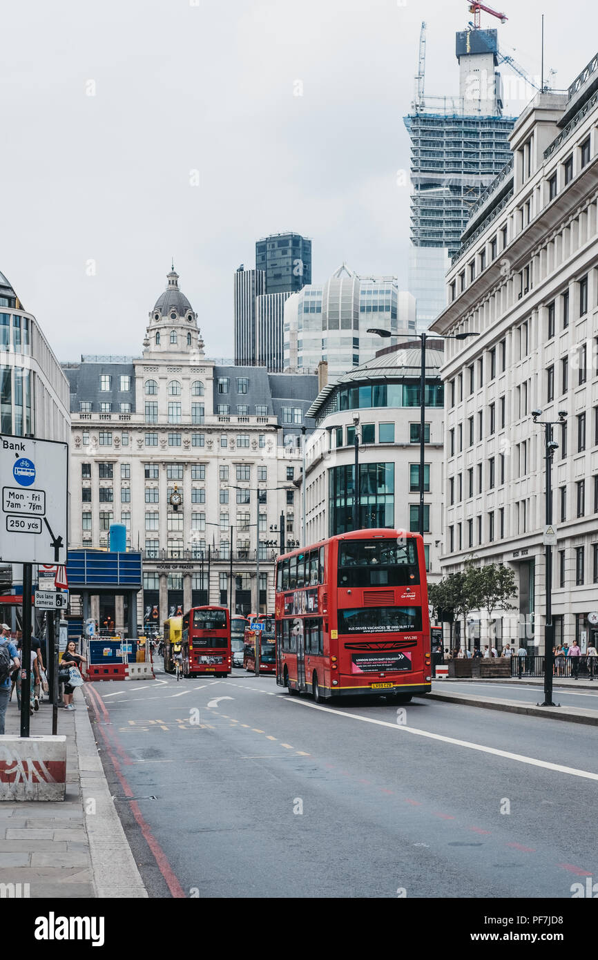 London, UK - July 24, 2018: Red double decker buses on King William ...