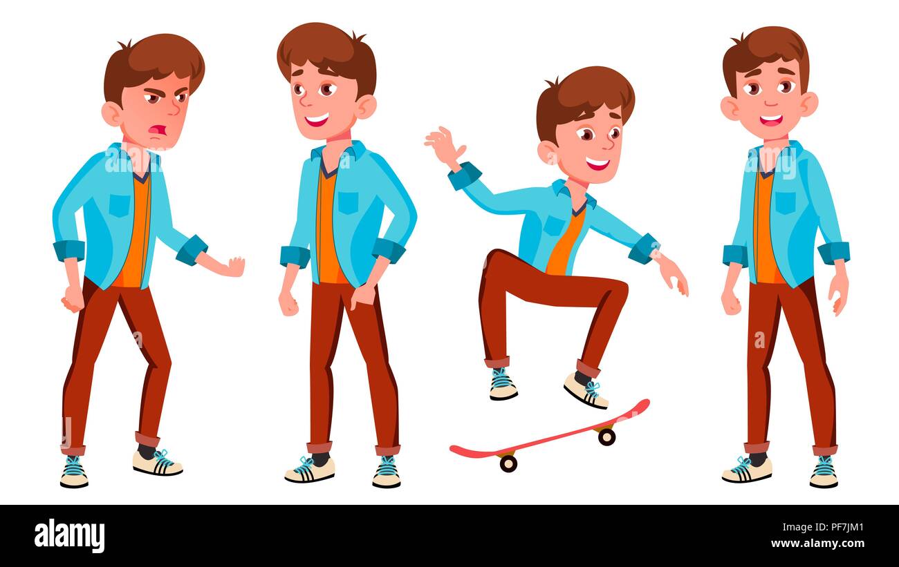 Teen Boy Poses Set Vector. Caucasian, Positive. For Presentation, Print ...