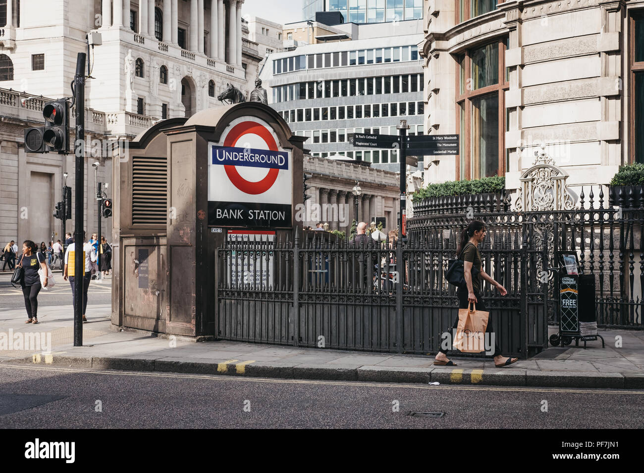 London, UK - July 24, 2018: People walking Bank Underground Station in ...