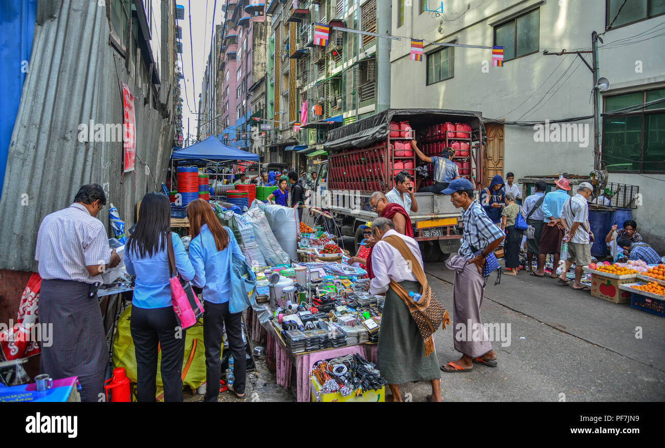 Yangon, Myanmar - Feb 1, 2017. Street market in Yangon, Myanmar. Yangon ...