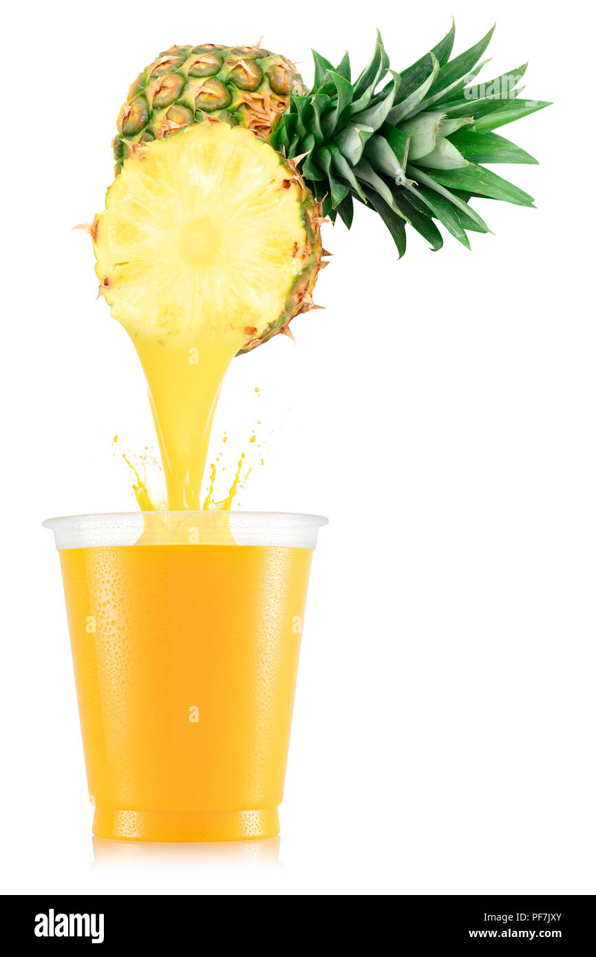 Pure pineapple juice pouring out from fruit into plastic cup isolated ...