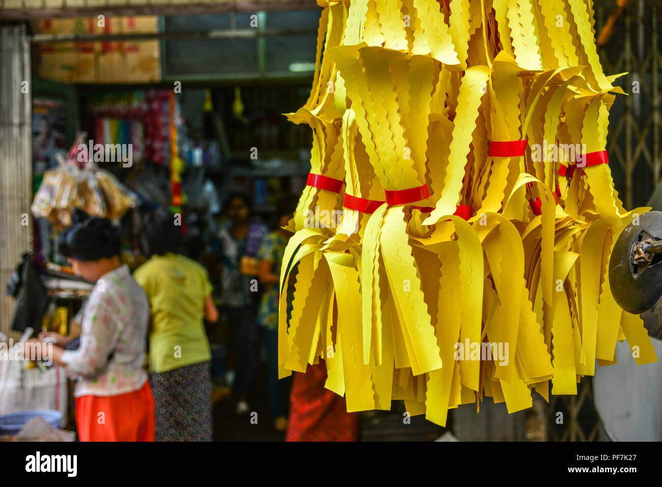 Paper decorations at local market in Chinatown of Yangon, Myanmar Stock ...