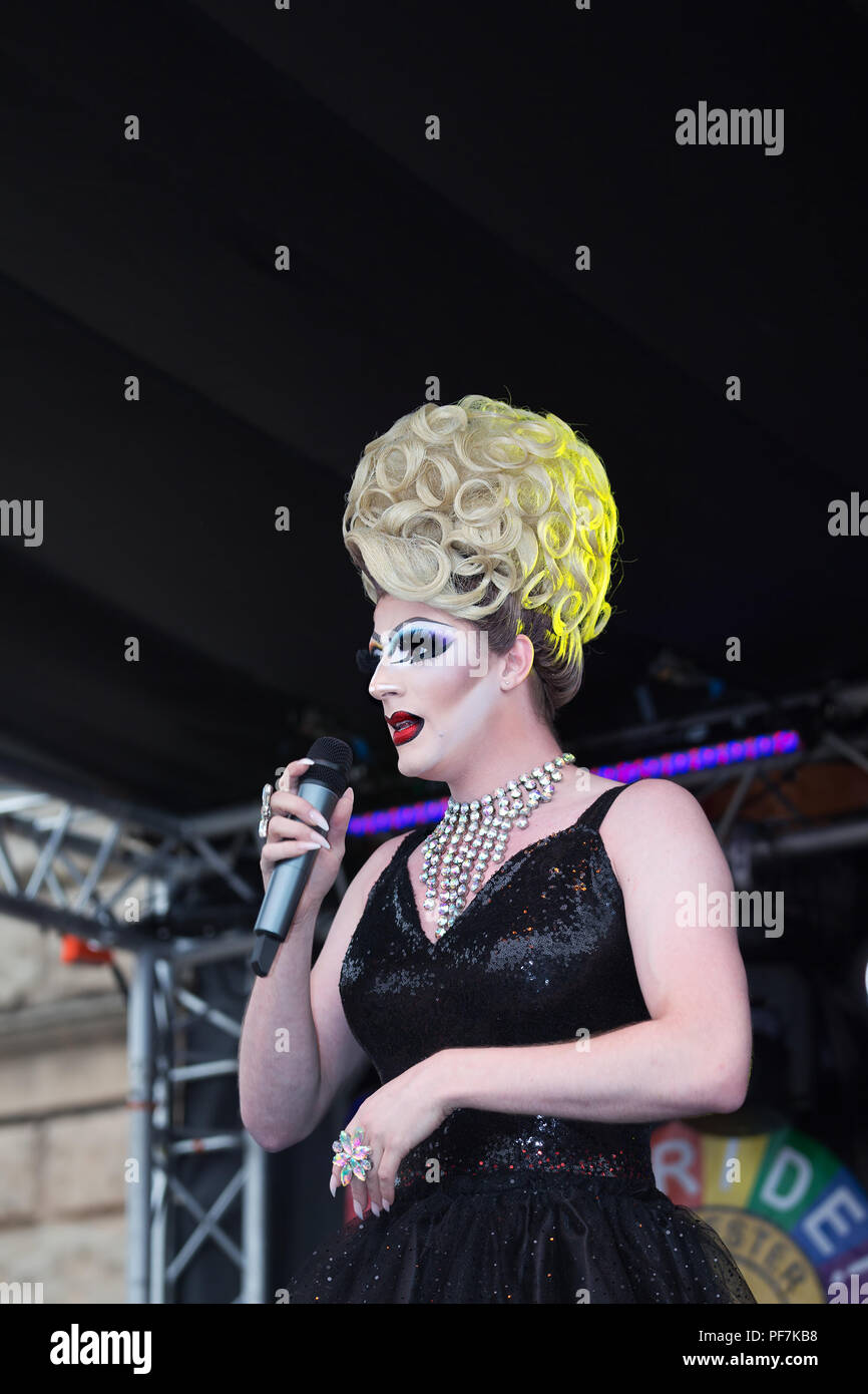 Drag queen Brenda LaBeau performs on stage at the 2018 Chester Pride ...