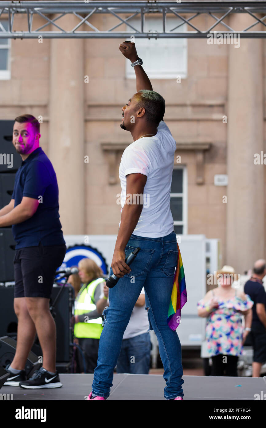 Marcus Collins performing on stage at the 2018 Chester Pride Festival ...