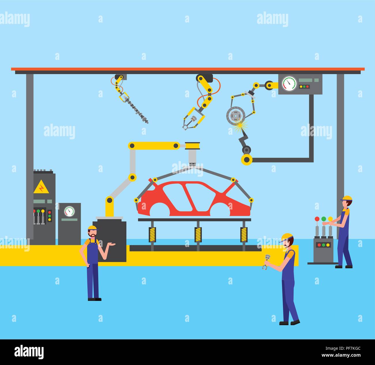 workers robot arms and assembly line automotive industry Stock Vector ...