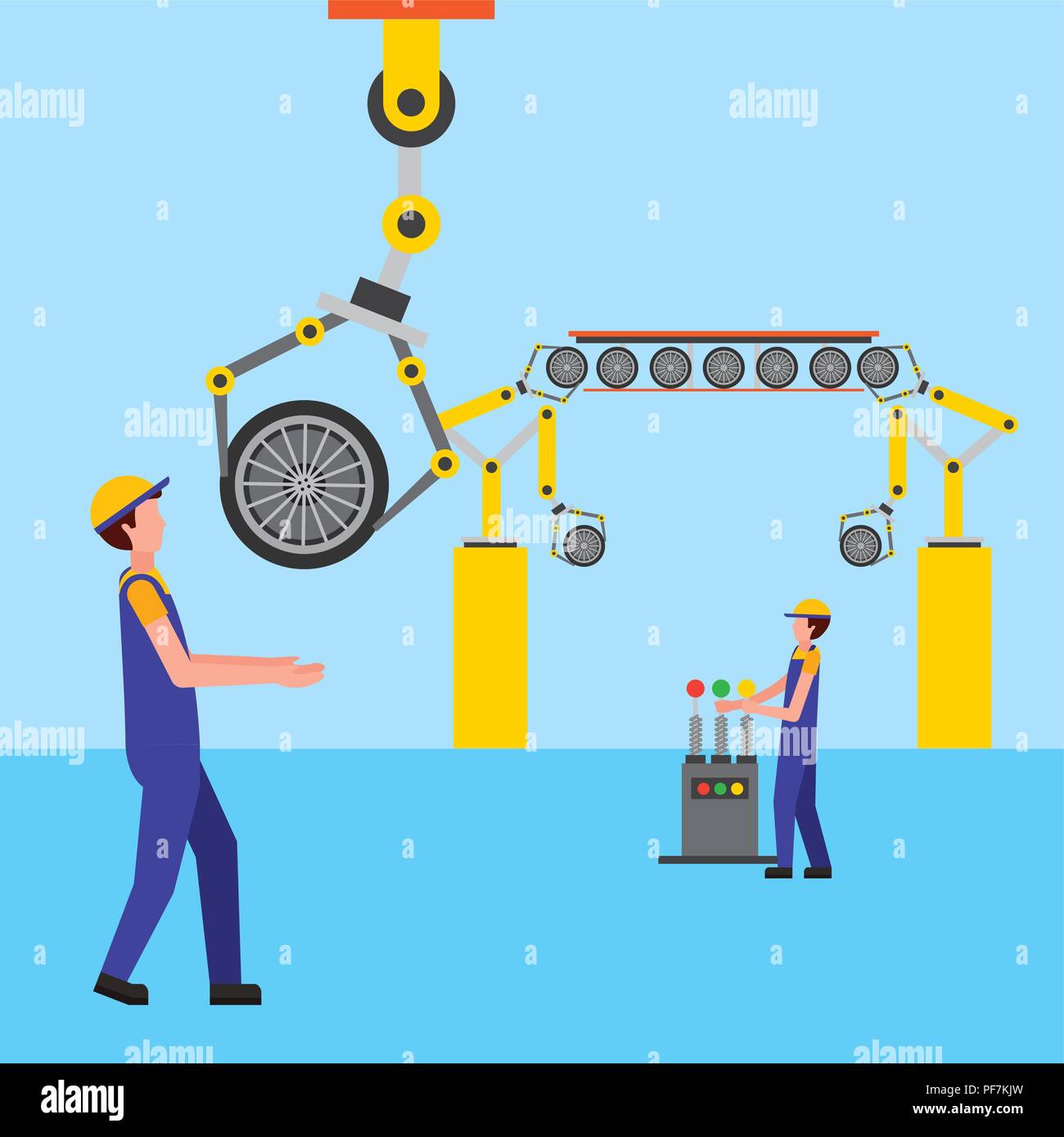 car workers in the process of installing tires automotive industry ...