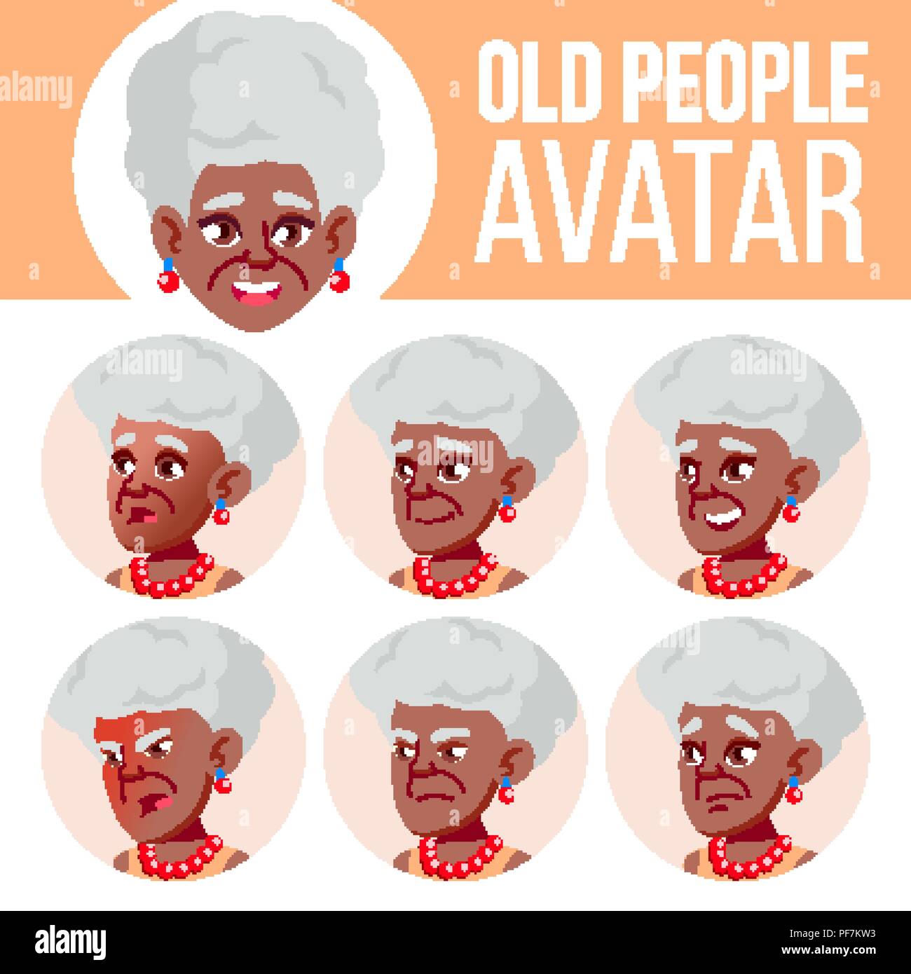 Old Woman Avatar Set Vector. Black. Afro American. Face Emotions ...
