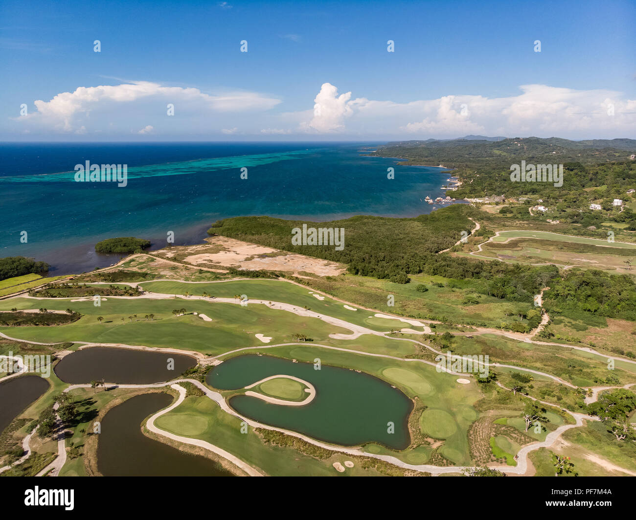 Aerial View of Tropical Golf Course with Ocean Background Stock Photo ...