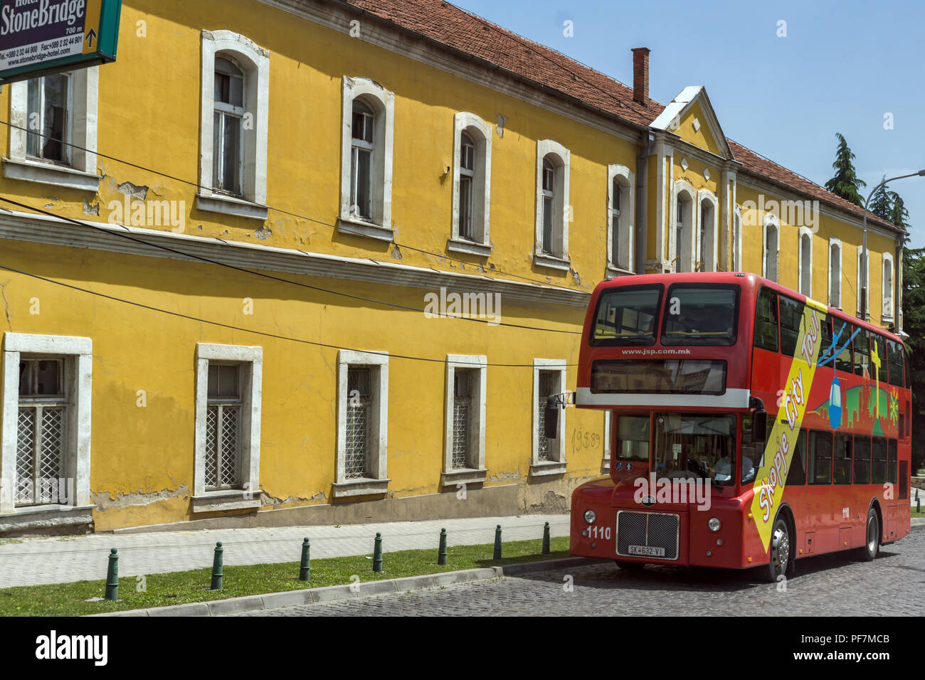 SKOPJE, REPUBLIC OF MACEDONIA - 13 MAY 2017: A red double-decker bus ...