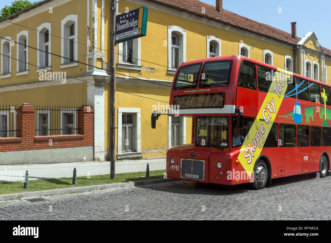 SKOPJE, REPUBLIC OF MACEDONIA - 13 MAY 2017: A red double-decker bus ...