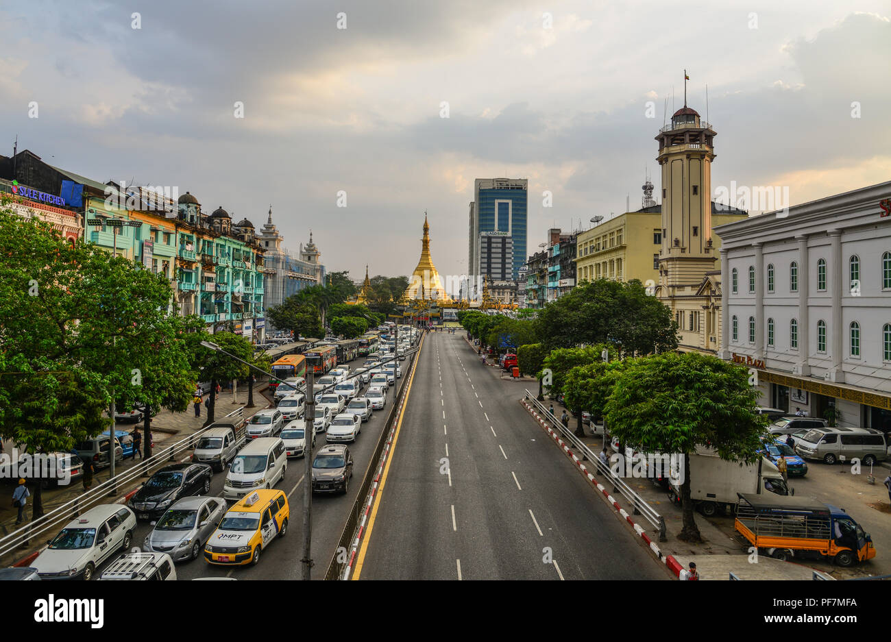 Yangon, Myanmar - Feb 1, 2017. Main street of Yangon, Myanmar. Yangon ...