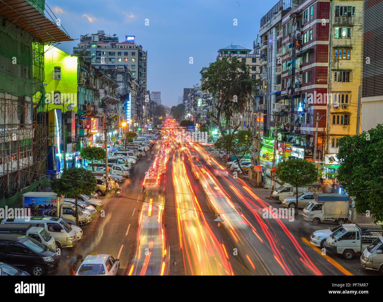 Yangon, Myanmar - Feb 1, 2017. Night street of Yangon, Myanmar. Yangon ...