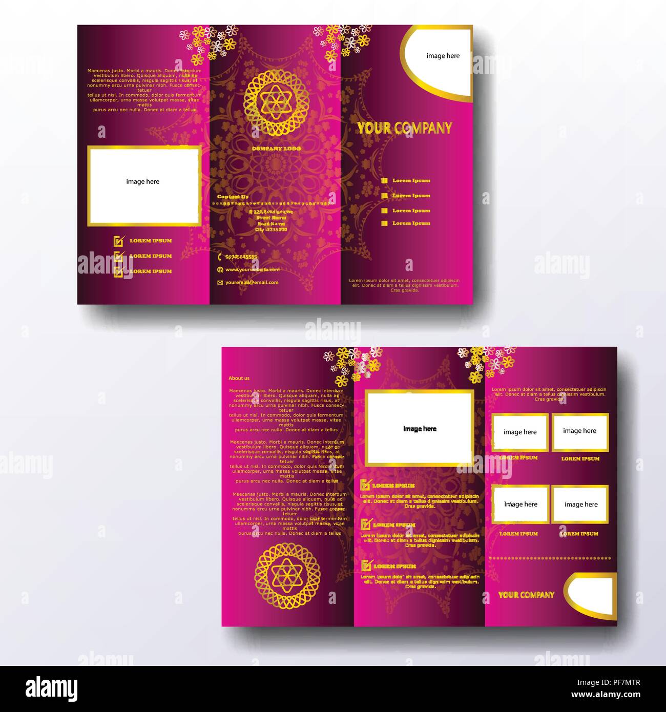 Pink colored tri fold brochure design with mandala art illustration ...