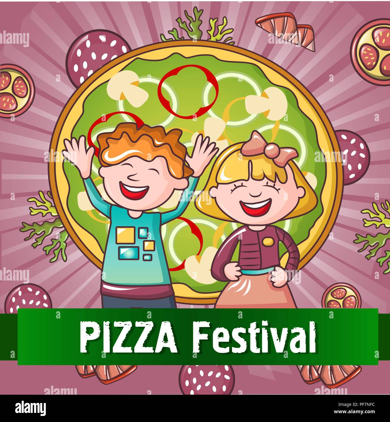 Happy kids pizza festival concept background, cartoon style Stock ...