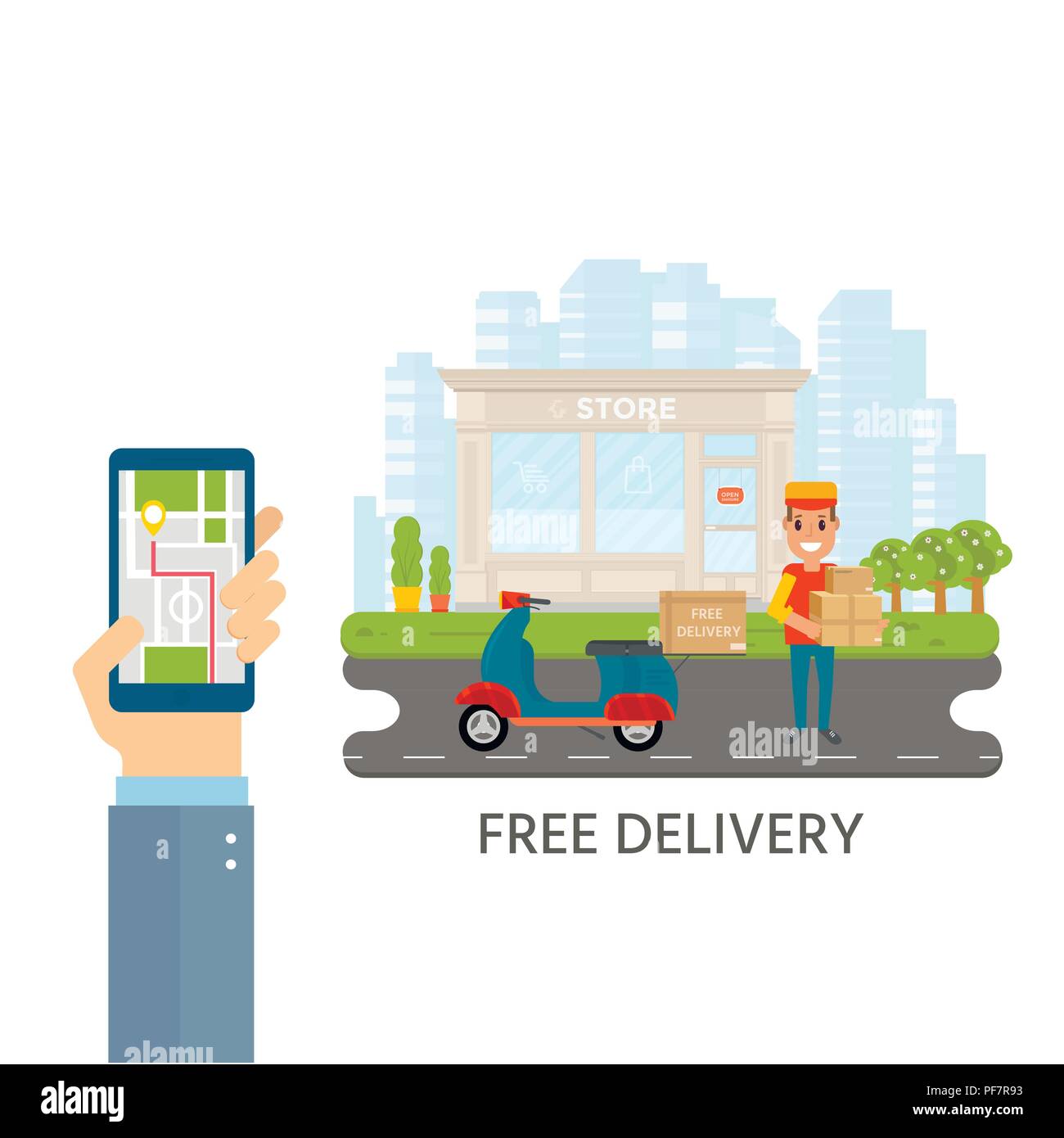 Logistics and delivery service concept: motorbike, smiling couriers ...