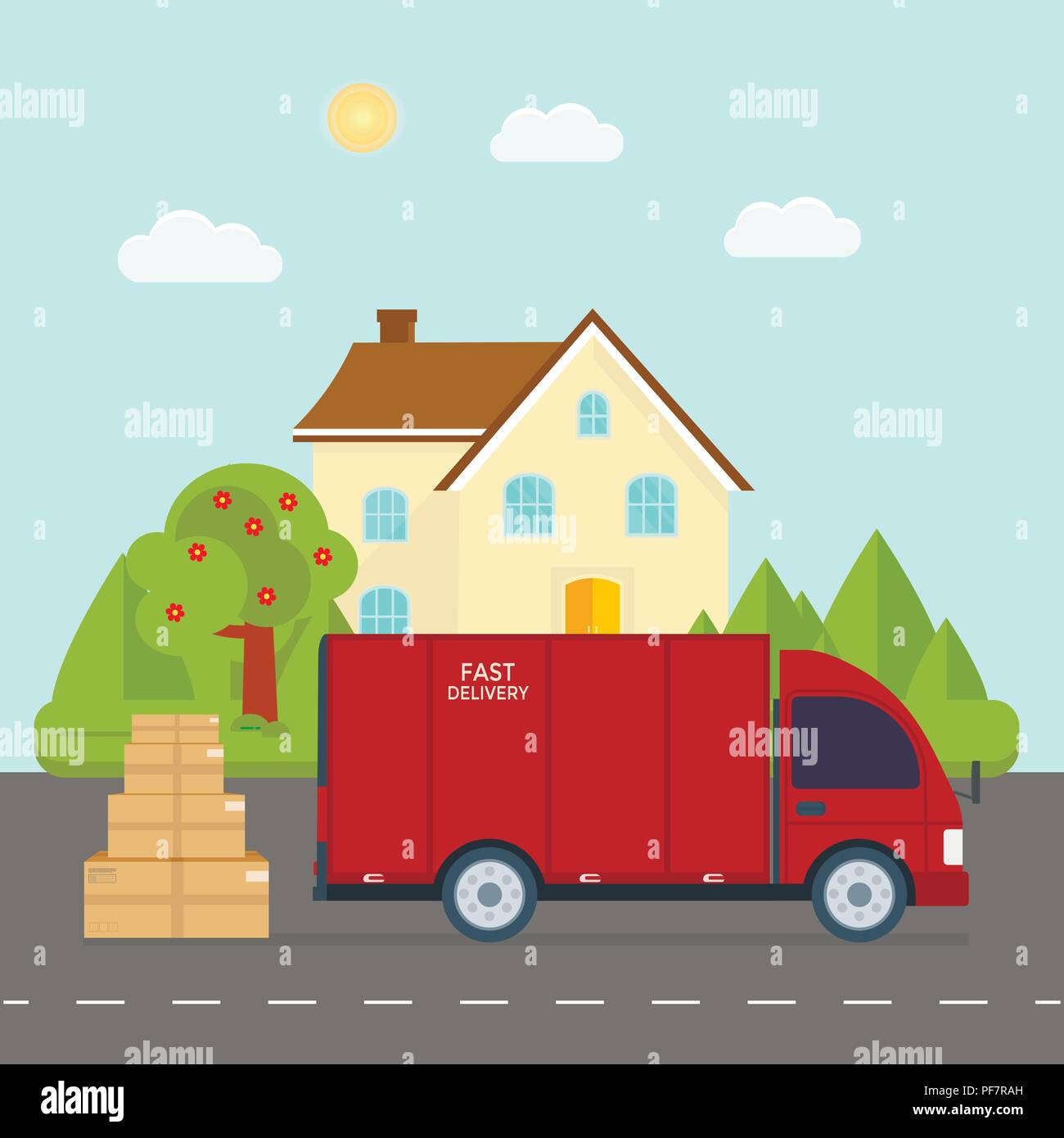 Logistics and delivery service concept: truck, lorry, van with store ...