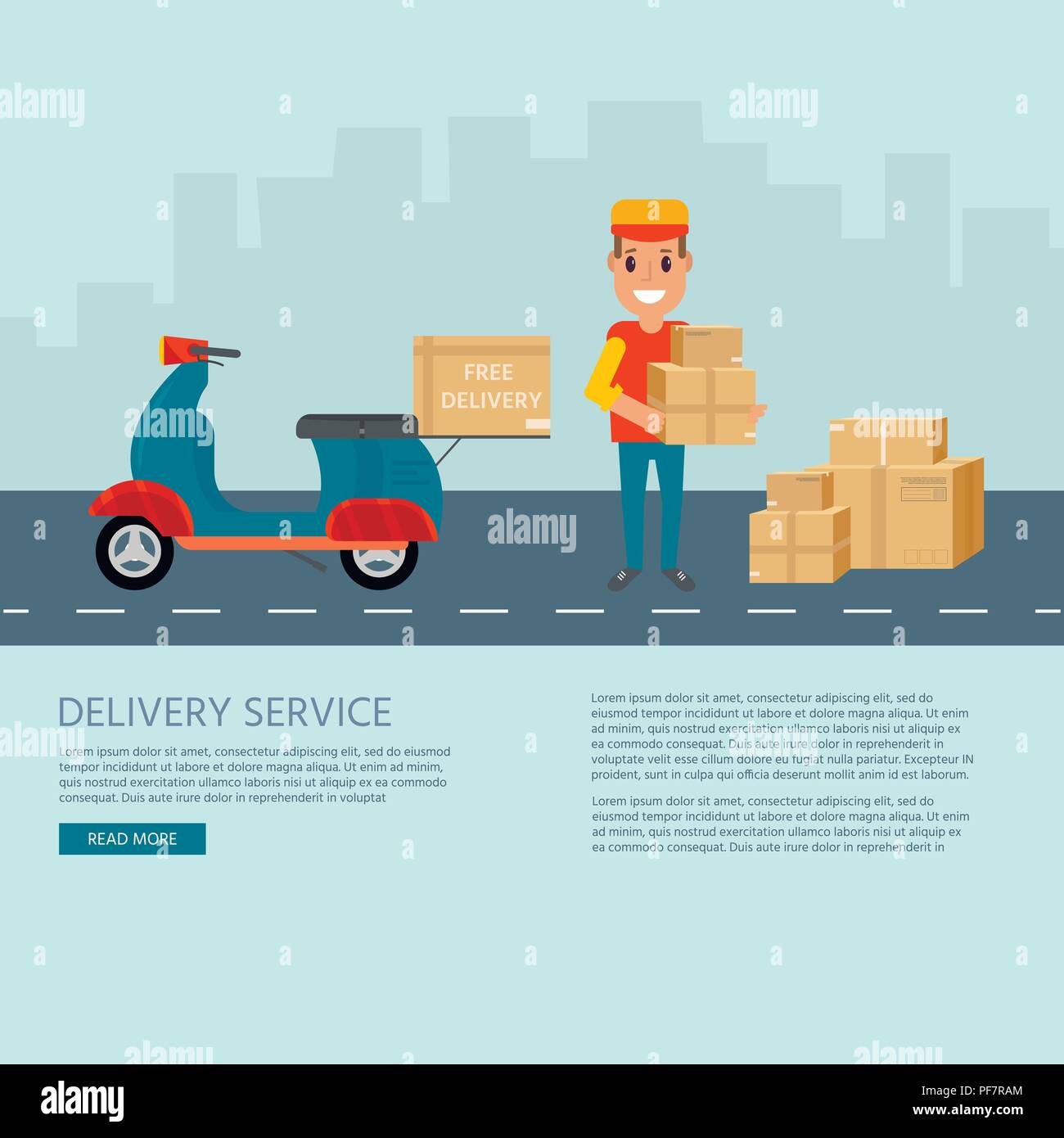 Logistics and delivery service concept: motorbike, smiling couriers ...