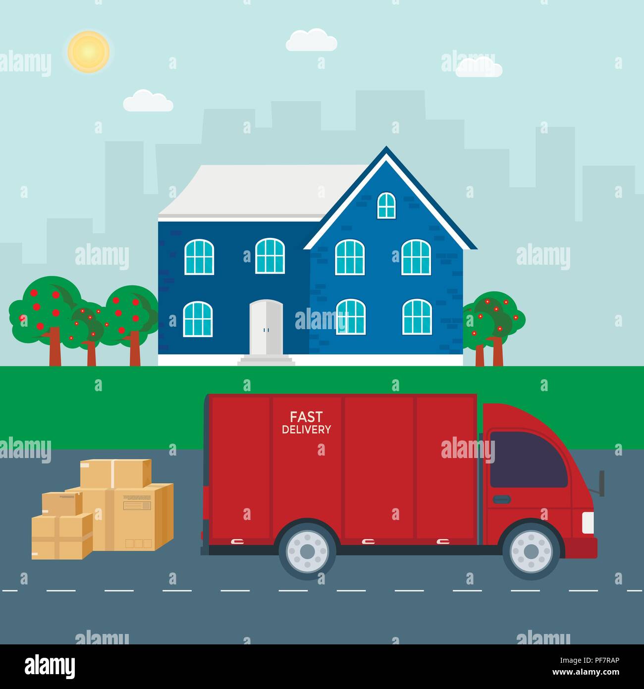 Logistics and delivery service concept: truck, lorry, van with store ...