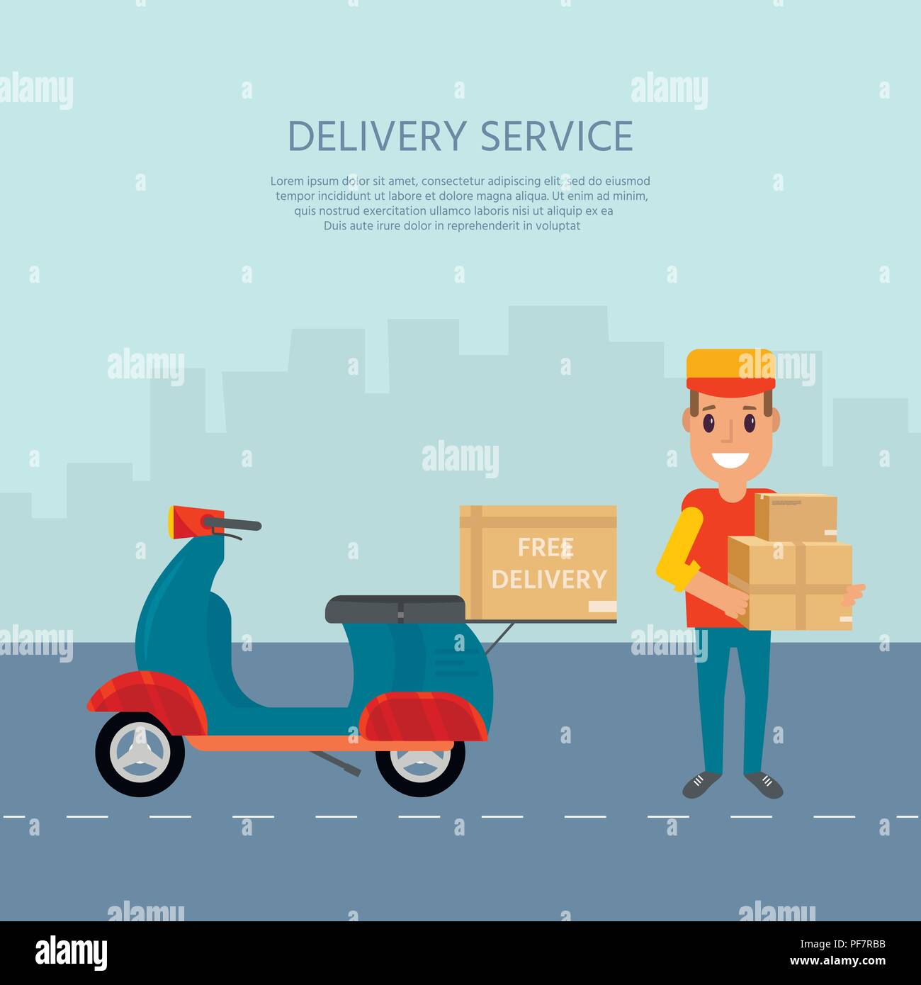 Logistics and delivery service concept: motorbike, smiling couriers ...
