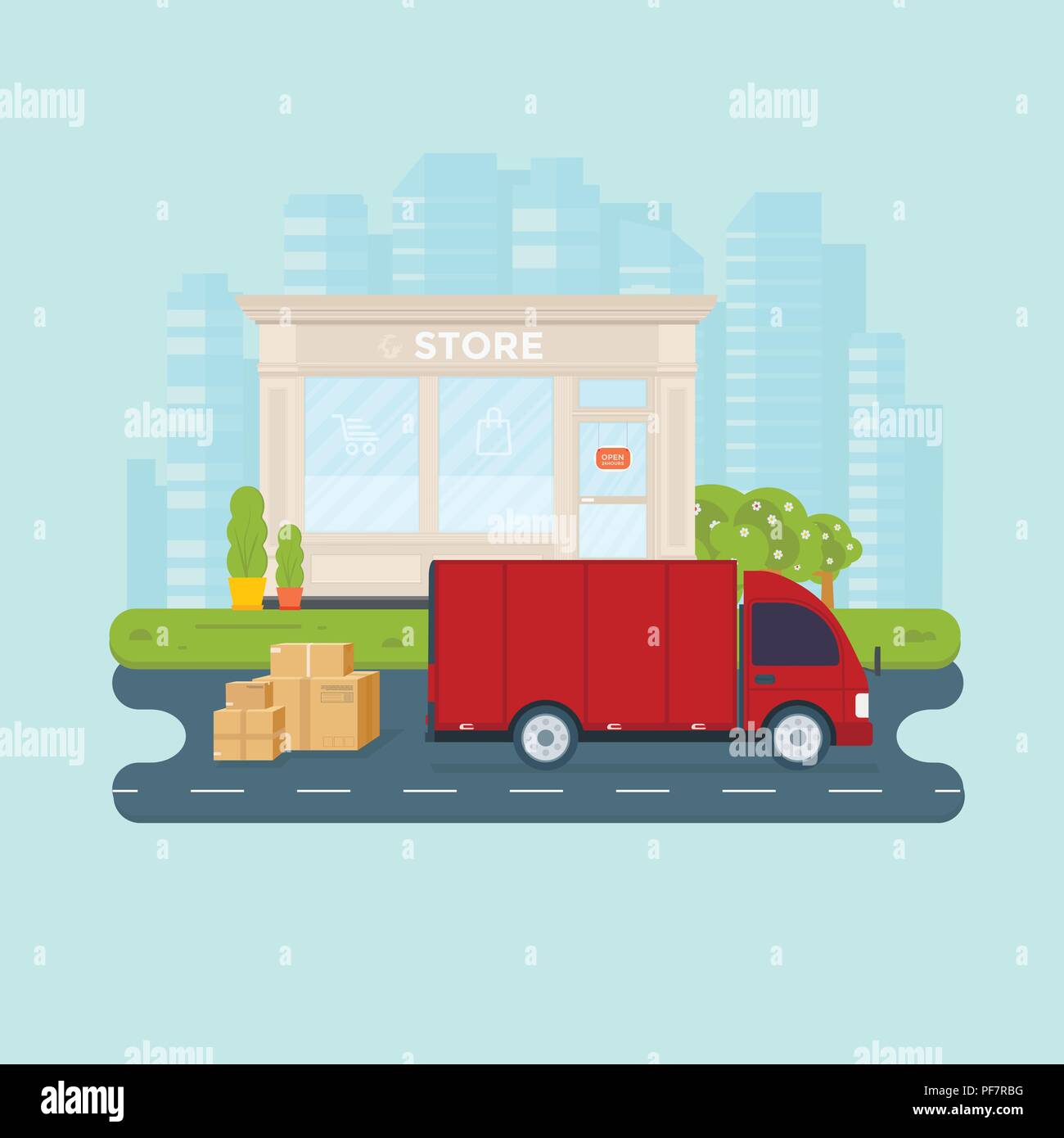 Logistics and delivery service concept: truck, lorry, van with store ...