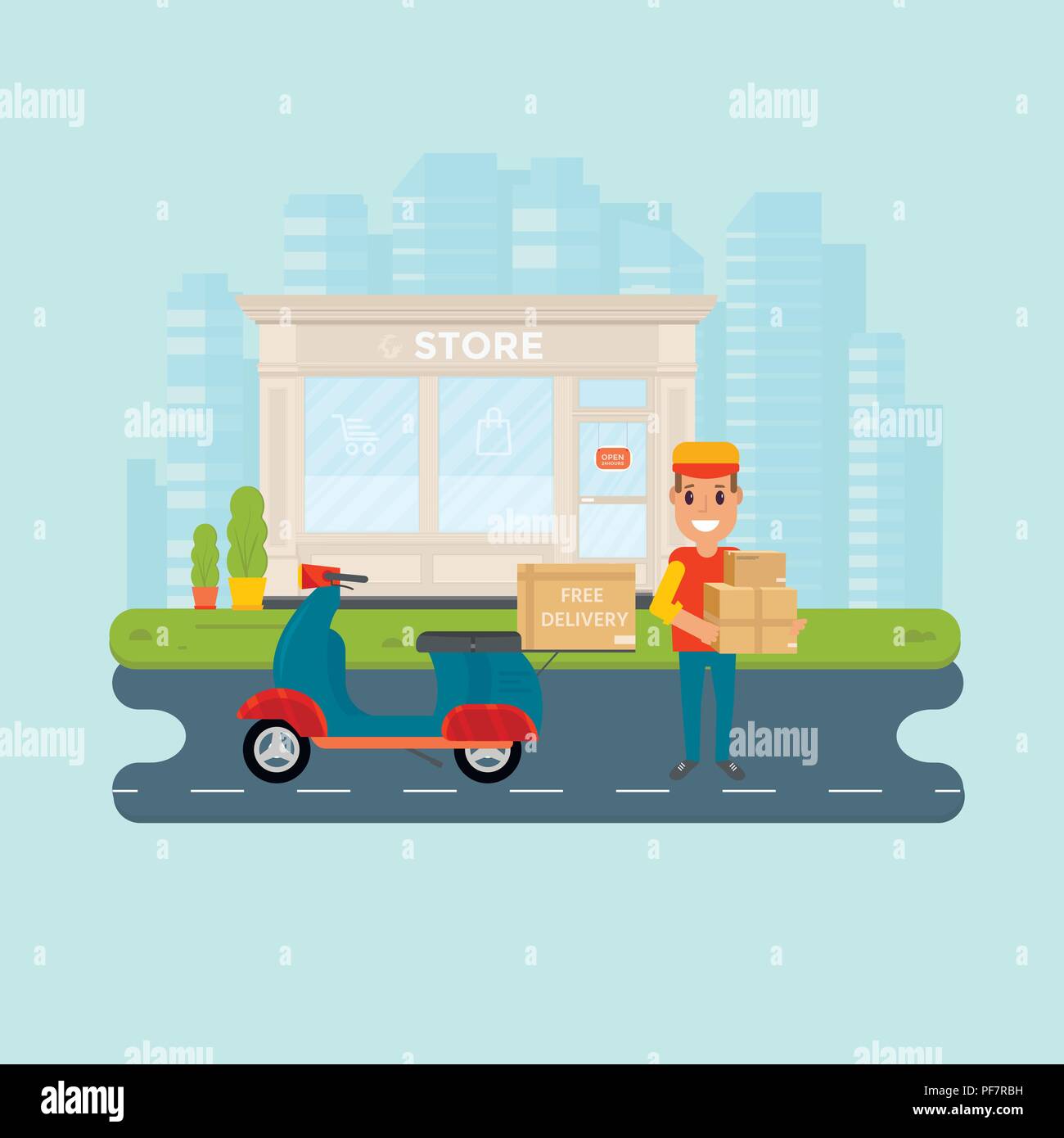 Logistics and delivery service concept: motorbike, smiling couriers ...