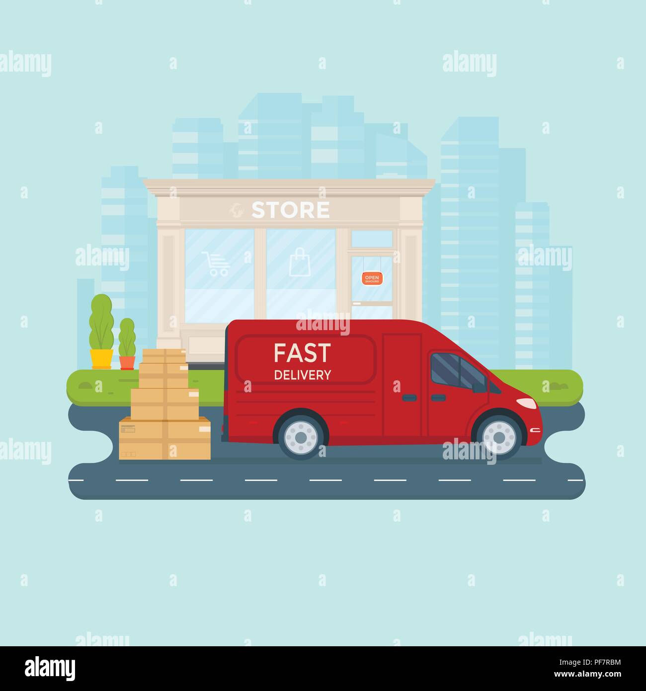 Logistics and delivery service concept: truck, lorry, van with store ...