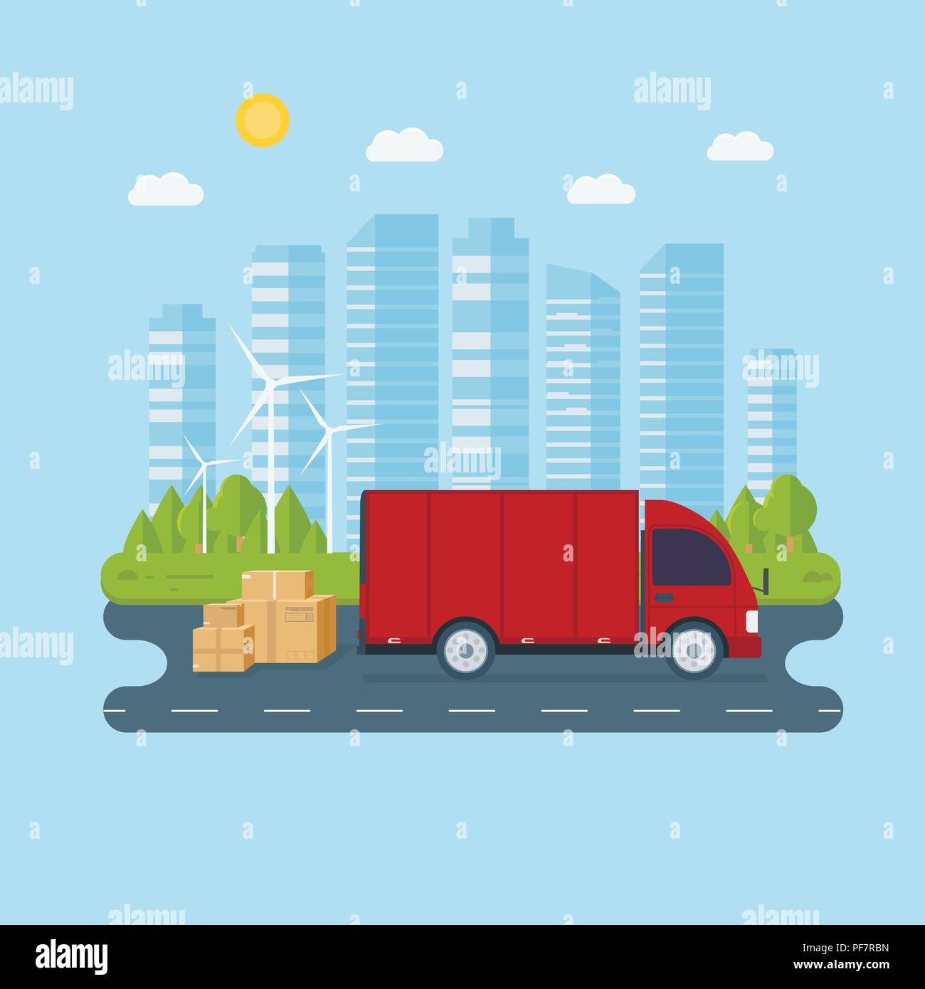 Logistics and delivery service concept: truck, lorry, van with store ...