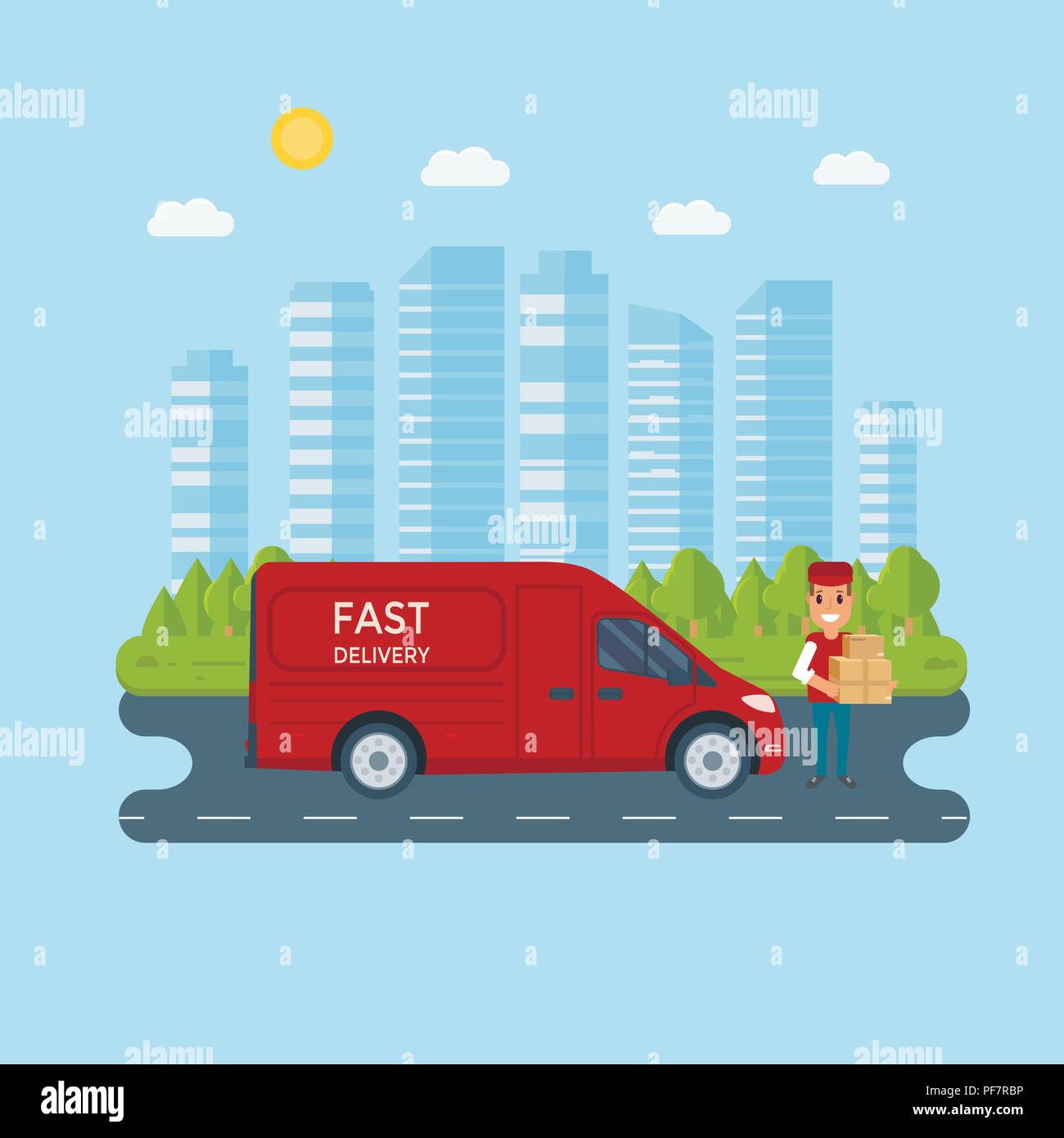 Logistics and delivery service concept: motorbike, smiling couriers ...