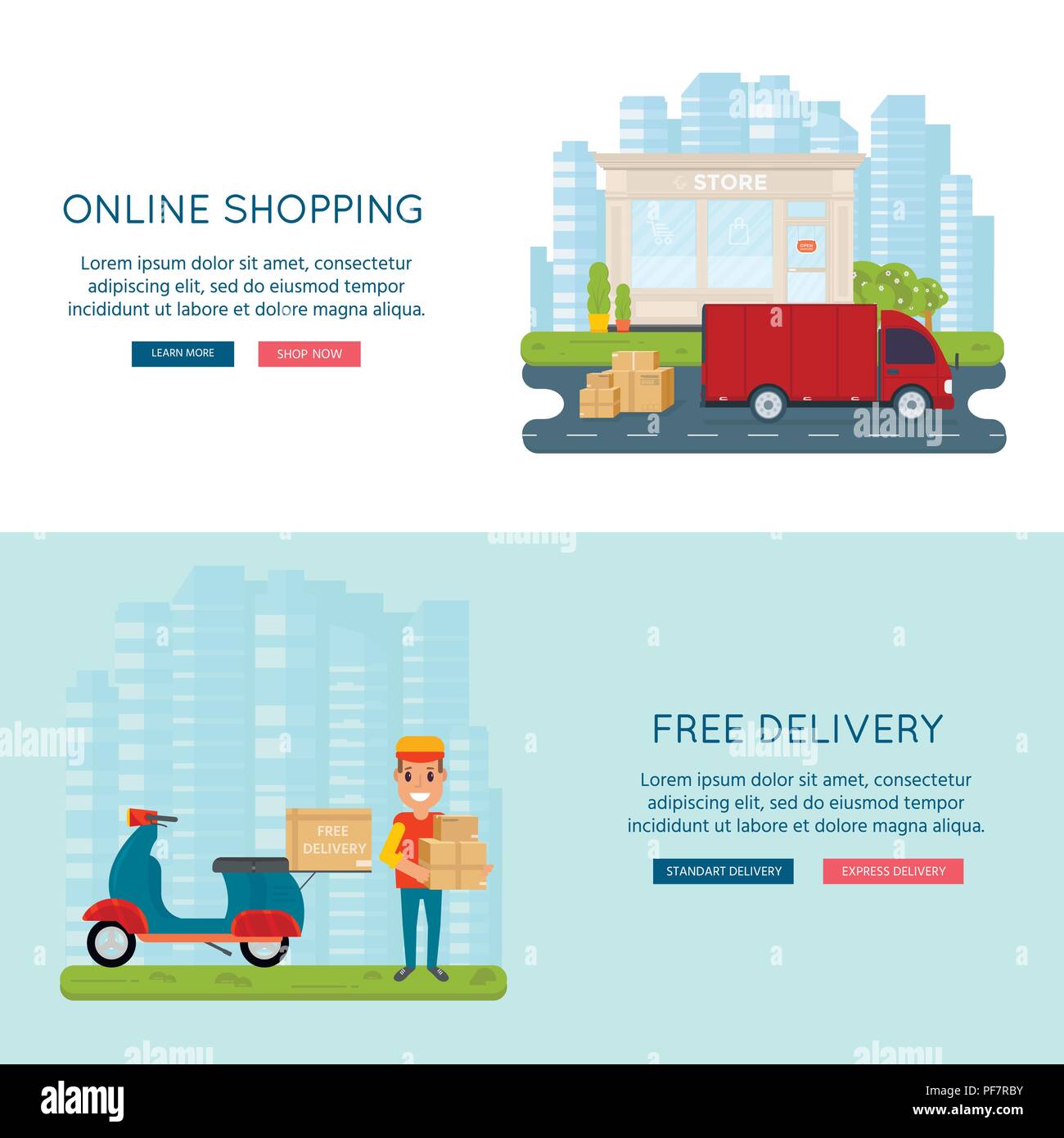 Logistics and delivery service concept: motorbike, smiling couriers ...